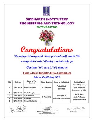 CONGRATULATIONS TO CENTUM SCORERS IN II YEAR II SEM JNTUA EXAMS MAY ...