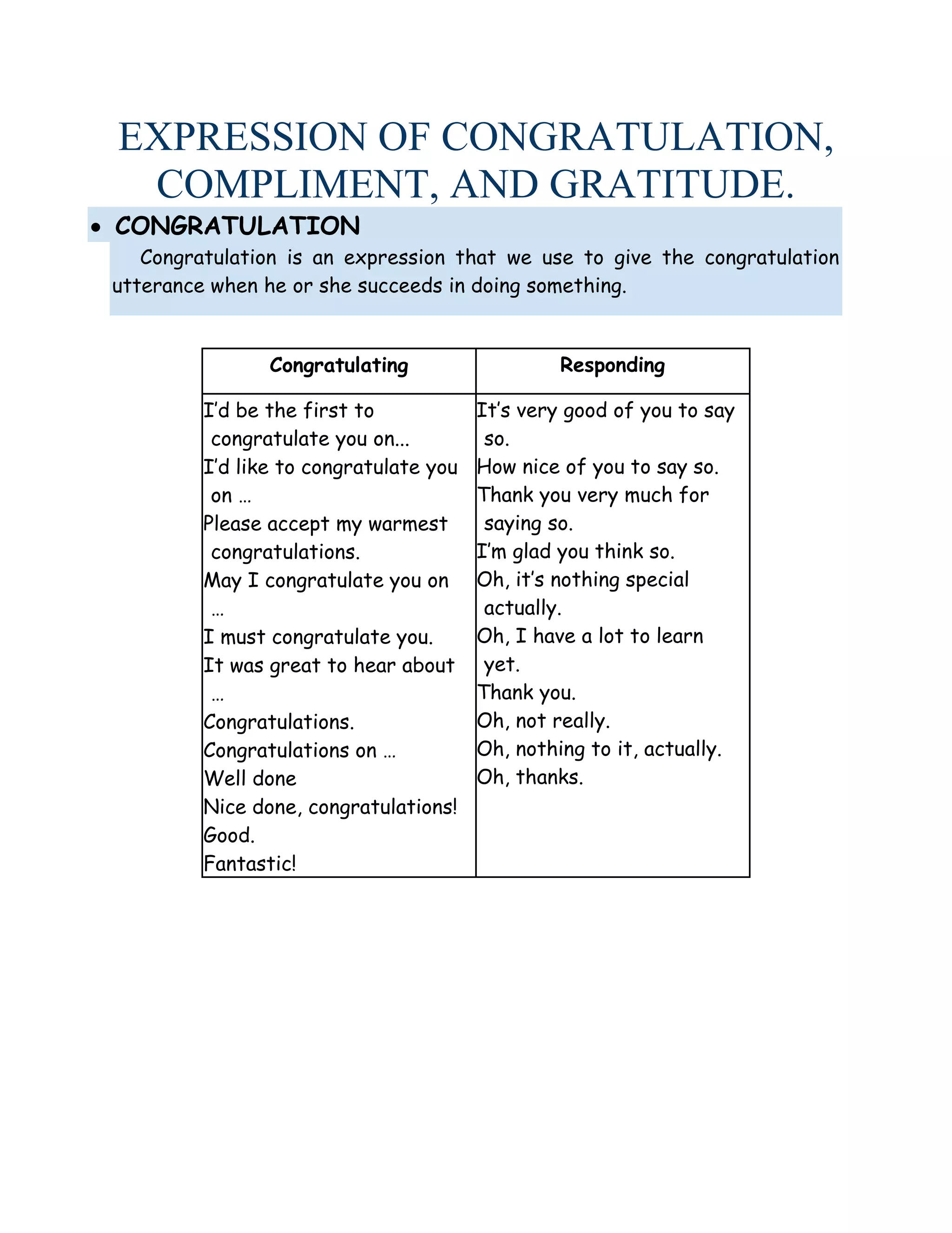 expression of congratulation, compliment, and gratitude | PDF