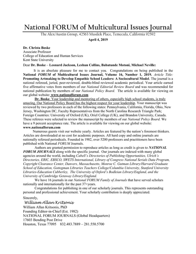 Congratulations Dr. Christa Boske - NATIONAL FORUM JOURNALS | PDF
