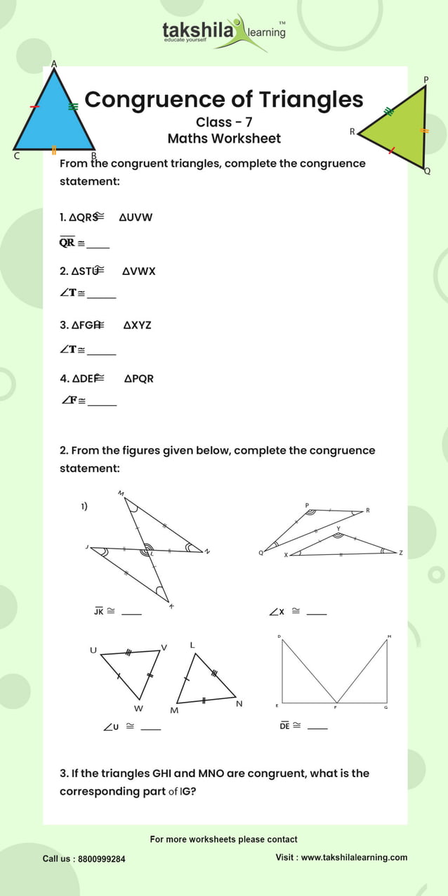 Congruence of Triangles Worksheet | congruence of triangles class 7 | PDF