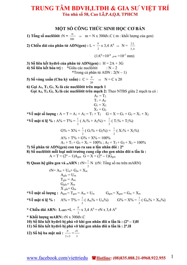 Công Thức Giải Nhanh Sinh Học 12-LTĐH | PDF