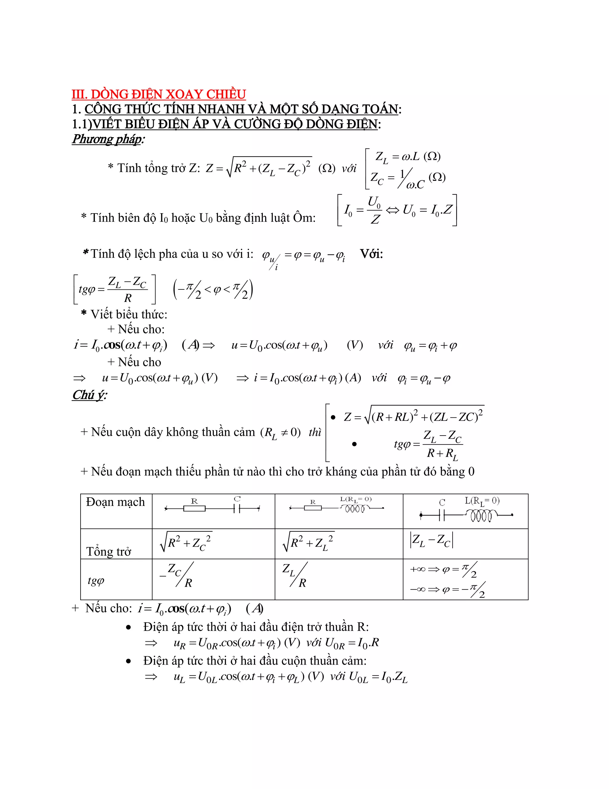 Công thức tính nhanh điện xoay chiều | PDF