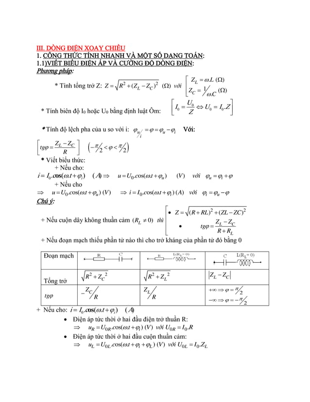 Công thức tính nhanh điện xoay chiều | PDF