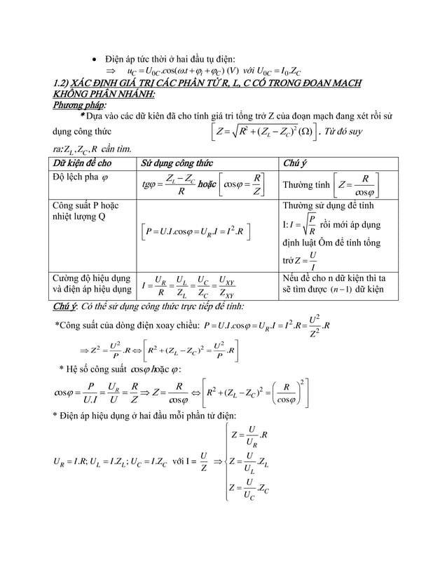 Công thức tính nhanh điện xoay chiều | PDF