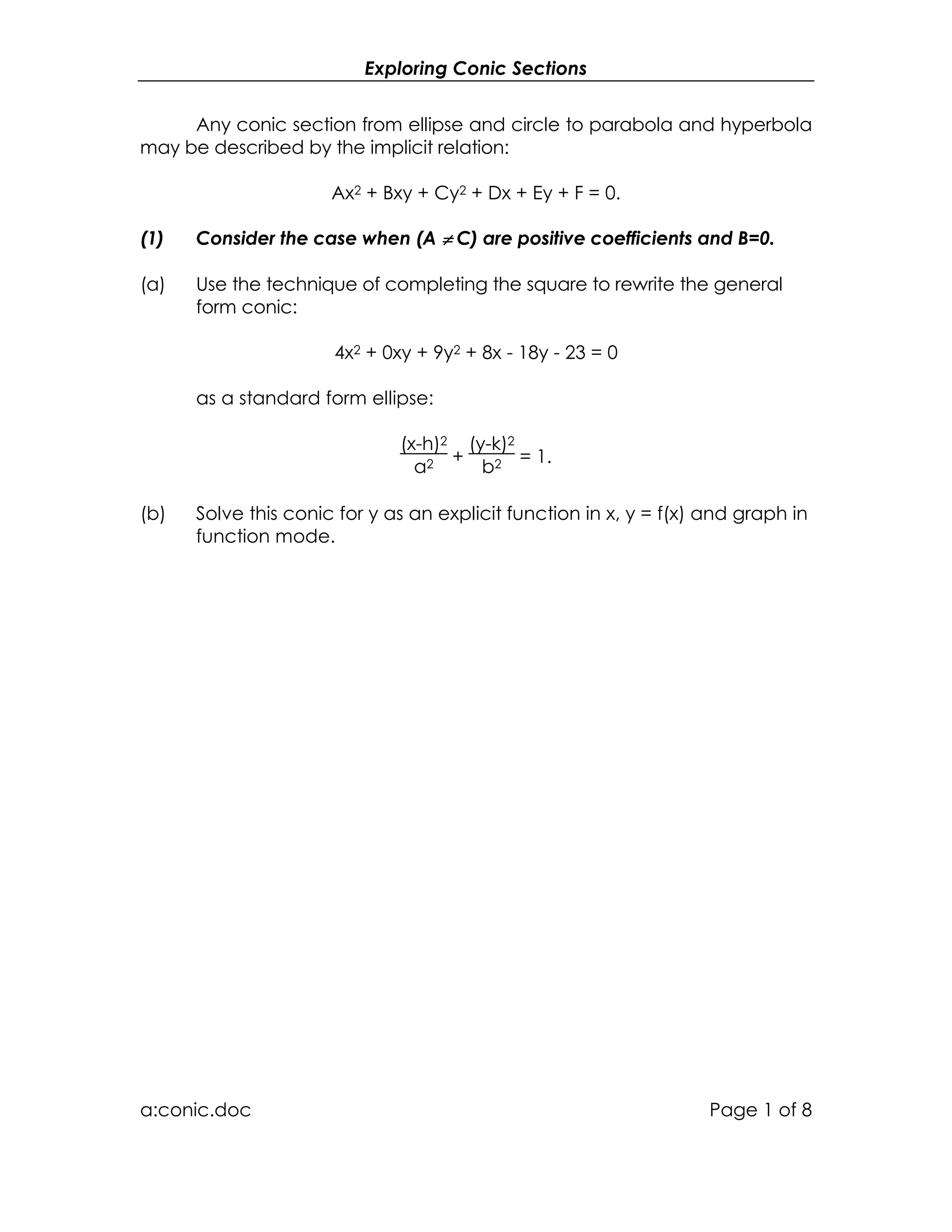 5HBC2012 Conic Worksheet | PDF