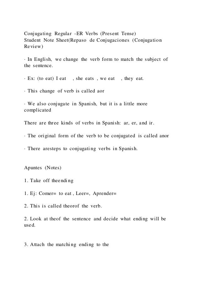 Conjugating Regular -ER Verbs (Present Tense)Student Note Sheet(Re | PDF