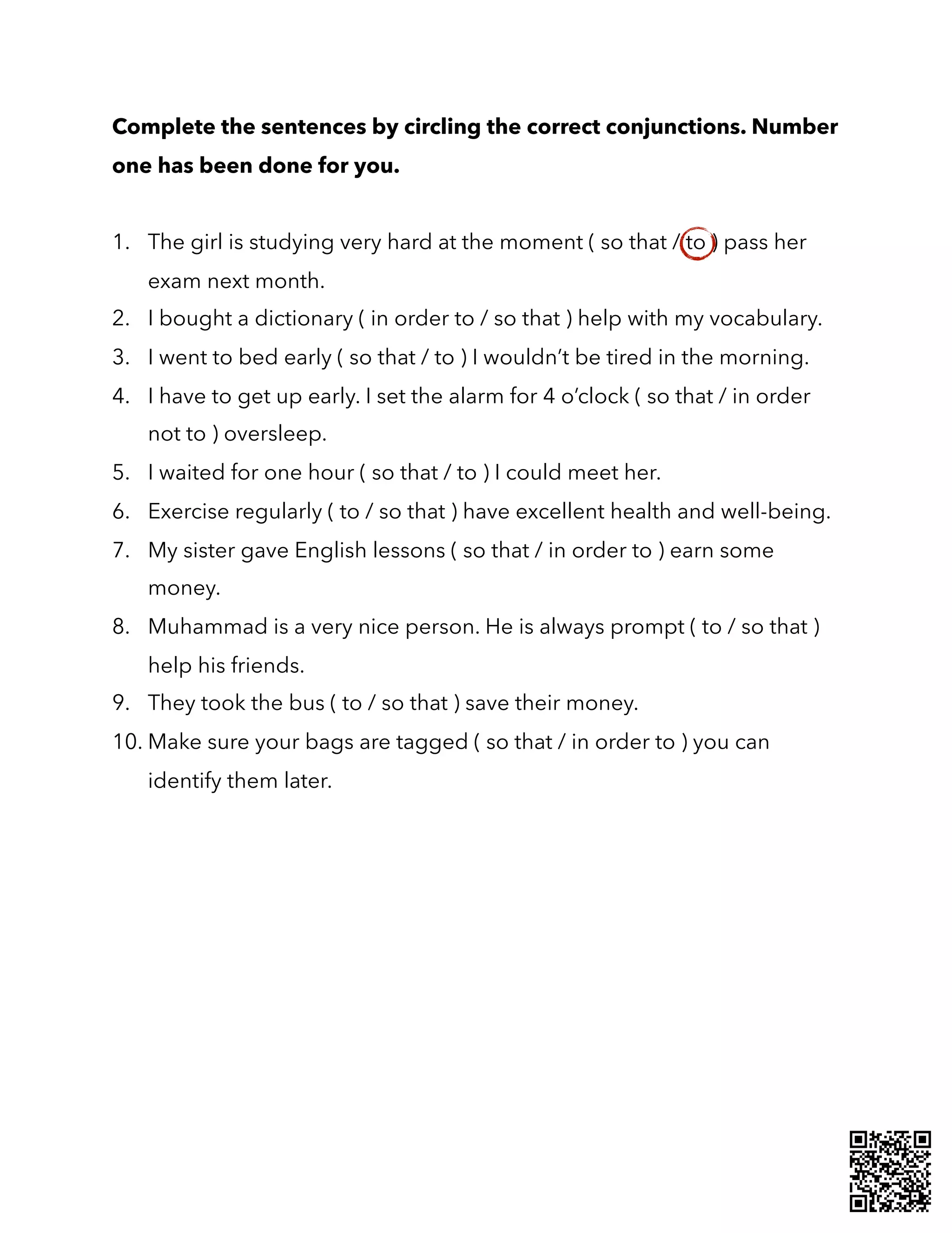 Conjunctions - to, so that, in order to | PDF