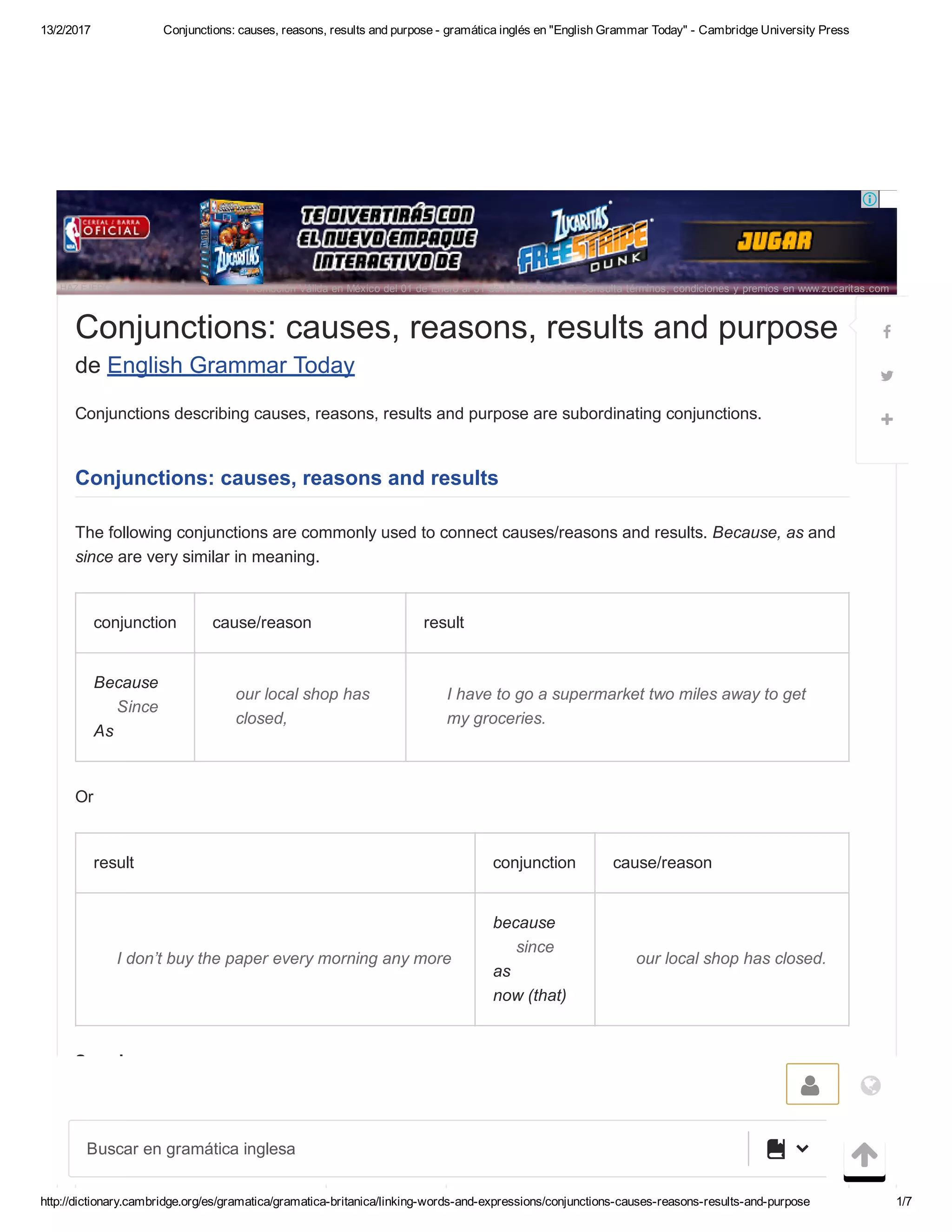 Conjunctions causes, reasons, results and purpose gramática inglés en ...