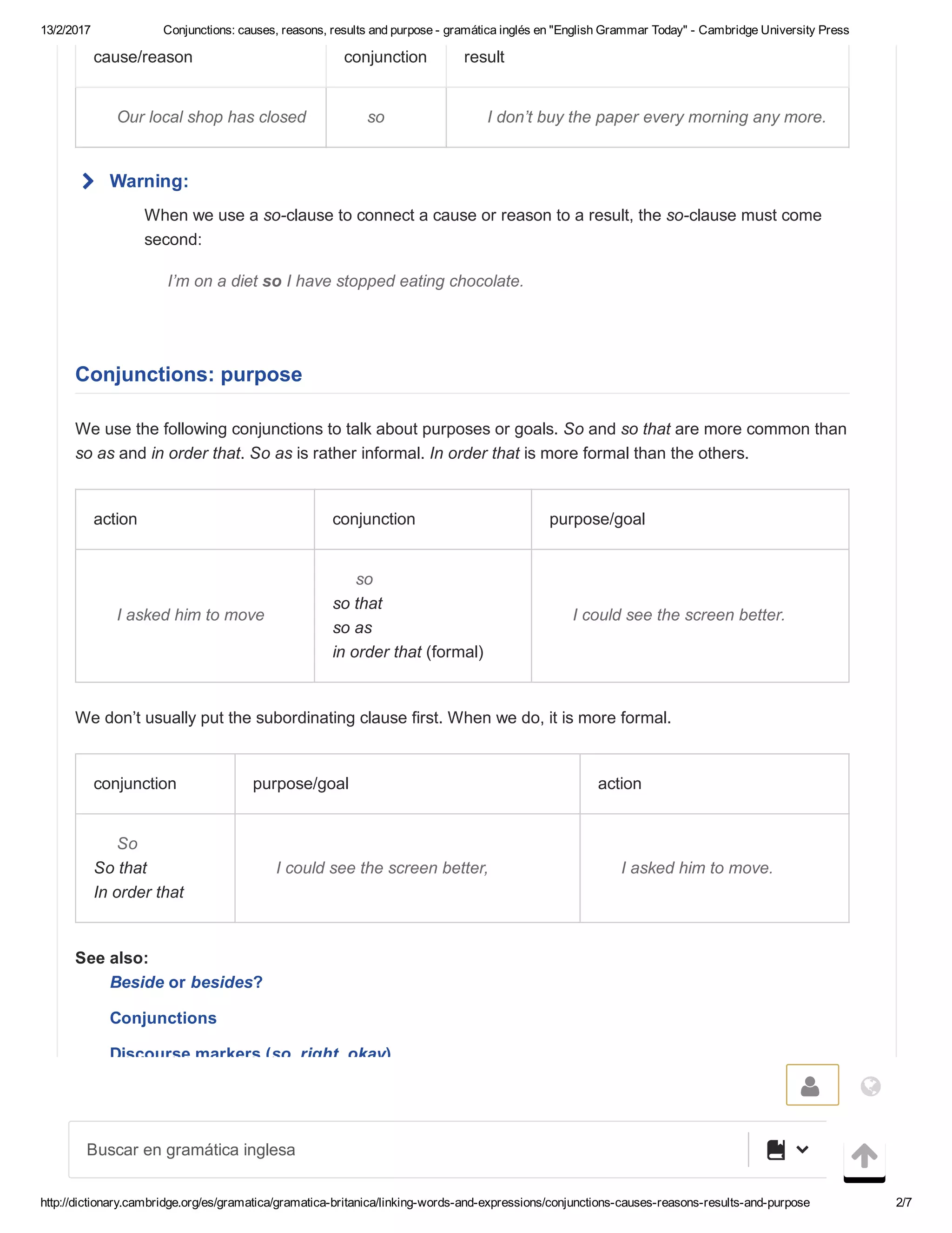 Conjunctions causes, reasons, results and purpose gramática inglés en -english grammar today ...