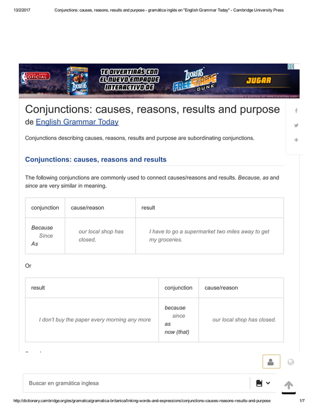 Conjunctions causes, reasons, results and purpose gramática inglés en -english grammar today ...