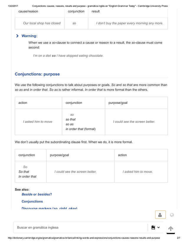 Conjunctions causes, reasons, results and purpose gramática inglés en ...