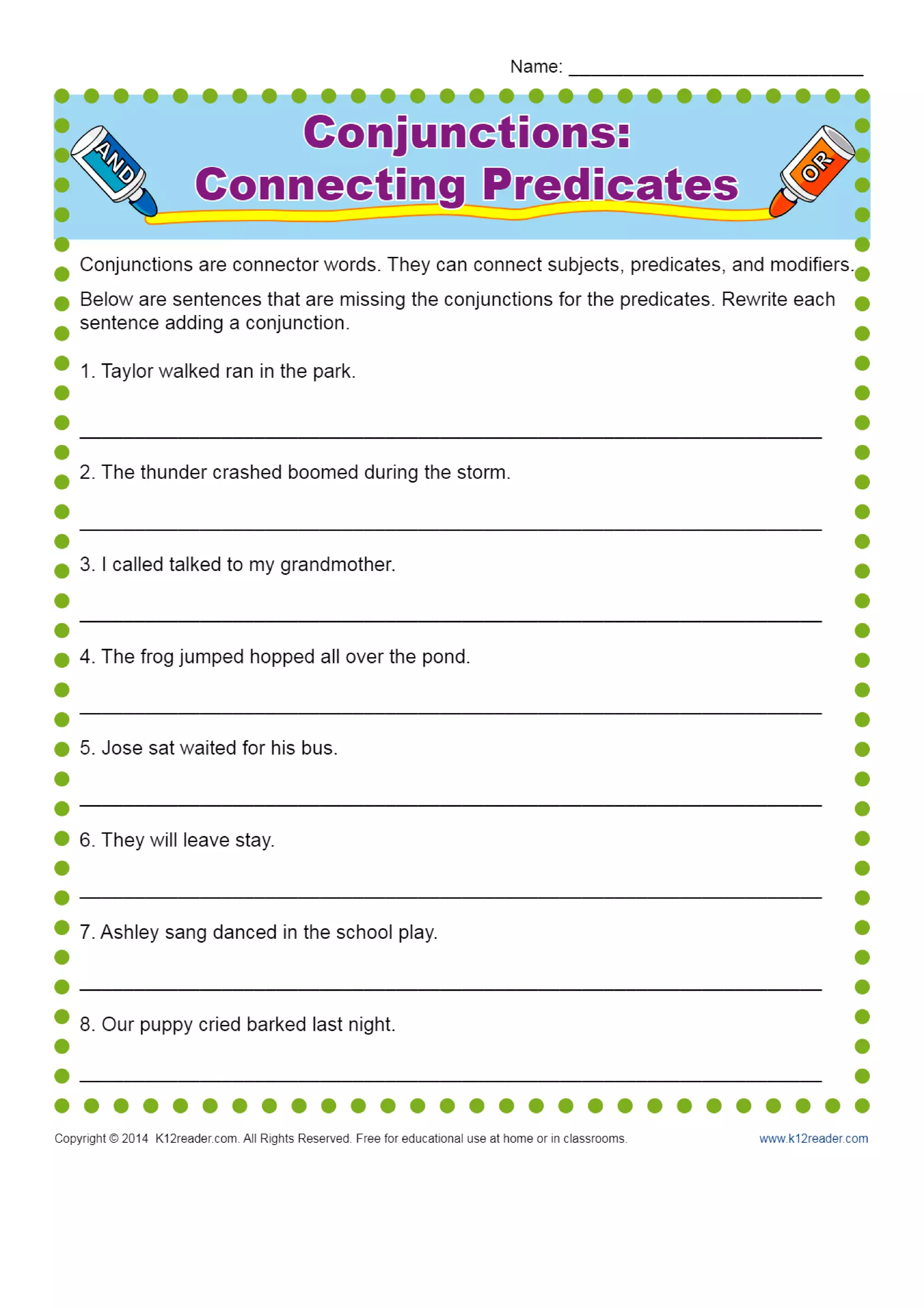 Conjunctions connecting predicates conjunction worksheets | PDF ...