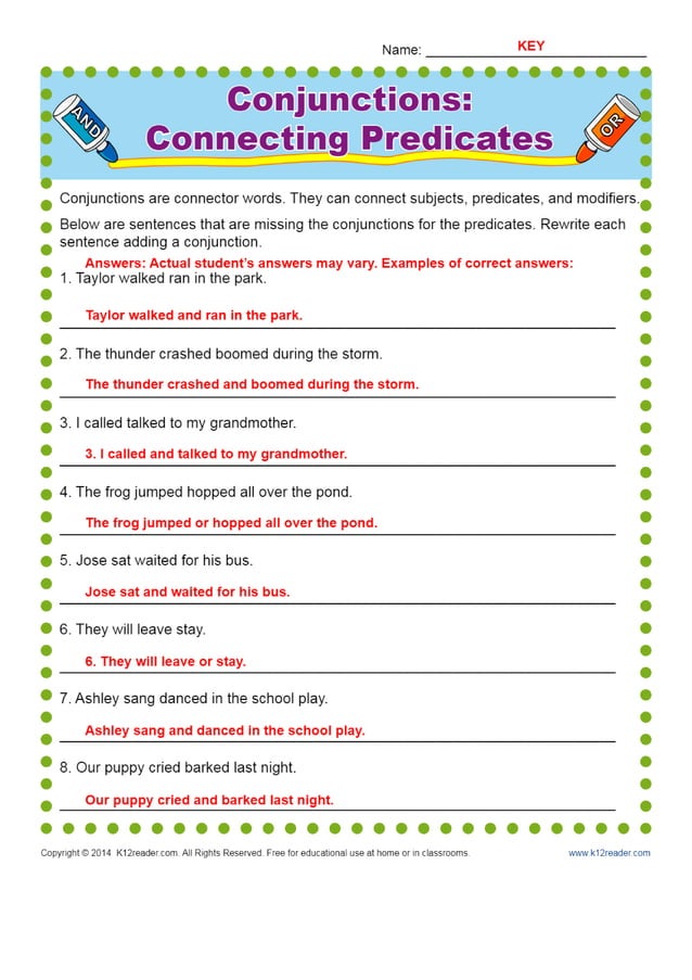 Conjunctions connecting predicates conjunction worksheets | PDF ...