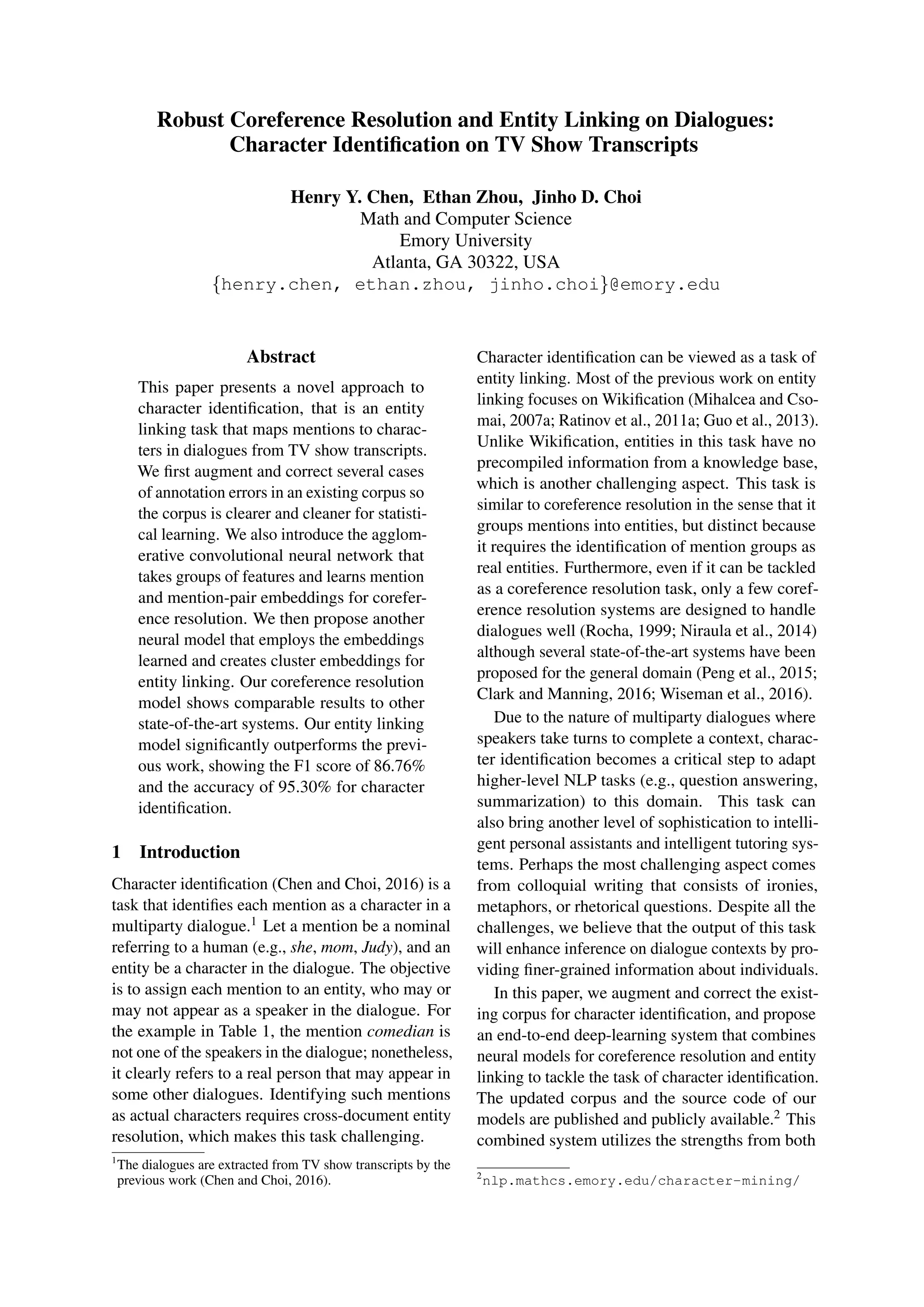 Robust Coreference Resolution And Entity Linking On Dialogues