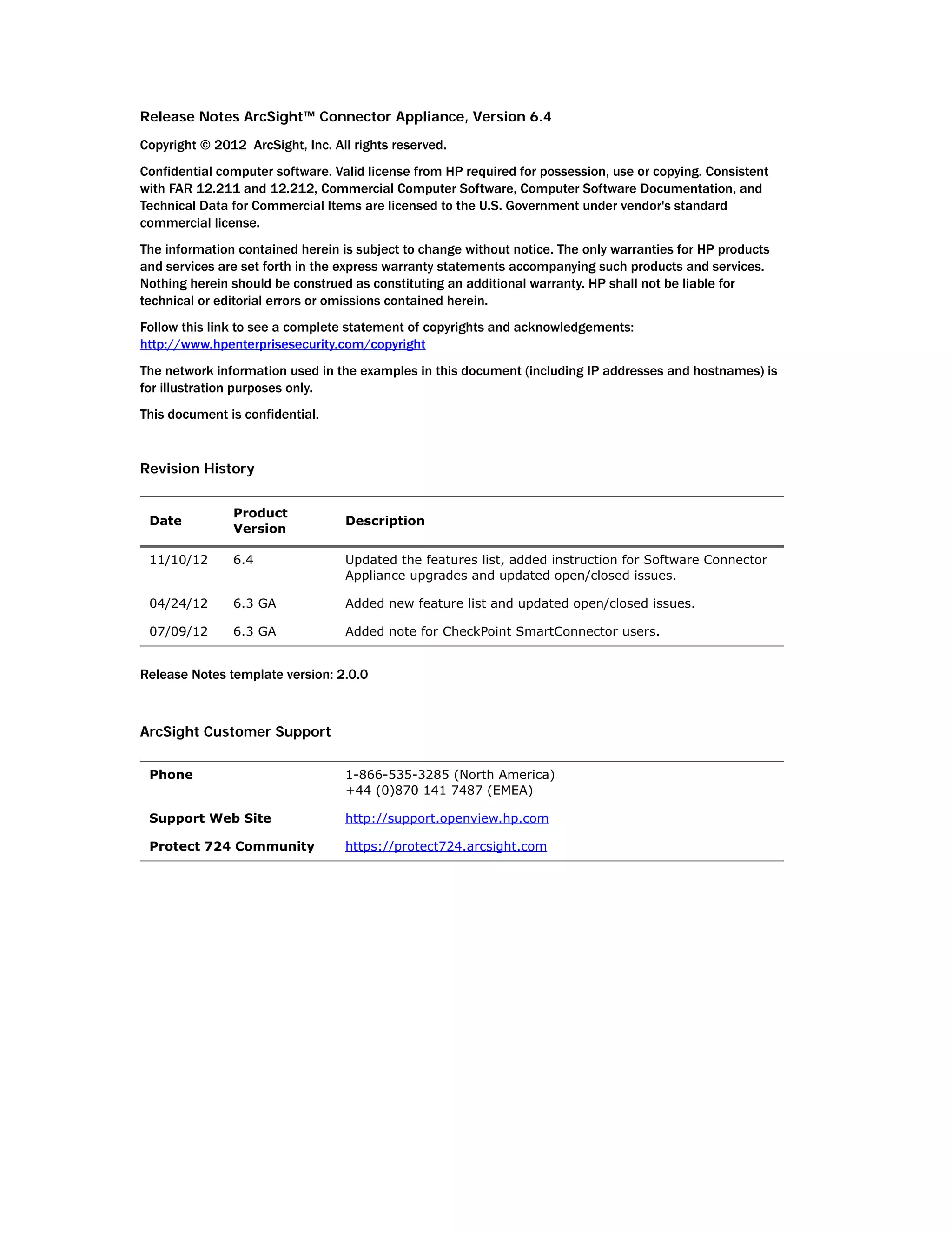 ArcSight Connector Appliance 6.4 Release Notes | PDF