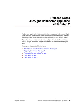 ArcSight Connector Appliance v6.0 Patch 2 Release Notes | PDF