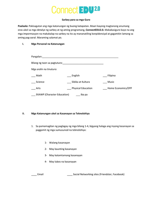 ConnectEDU Teacher Survey Form | DOC