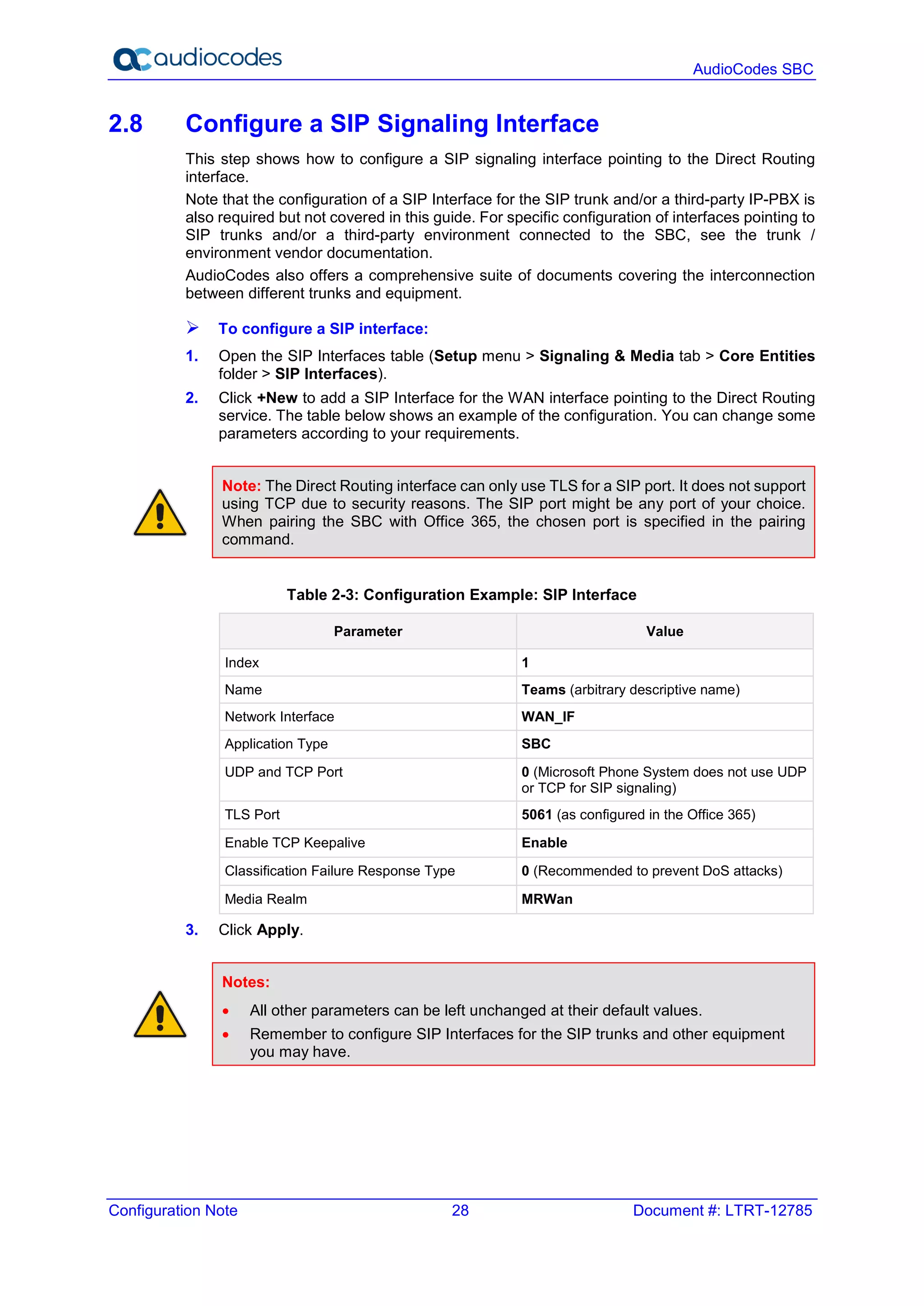 Connecting Audiocodes Sbc To Microsoft Teams Direct Routing Enterprise Model Configuration Note