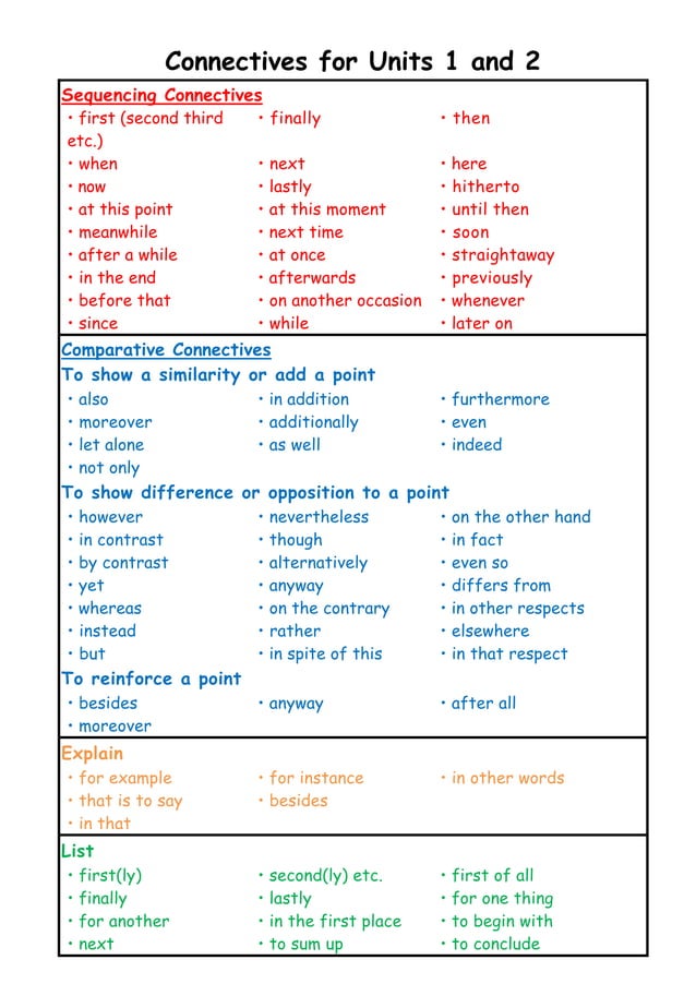 Connectives for units 1 and 2 | PDF