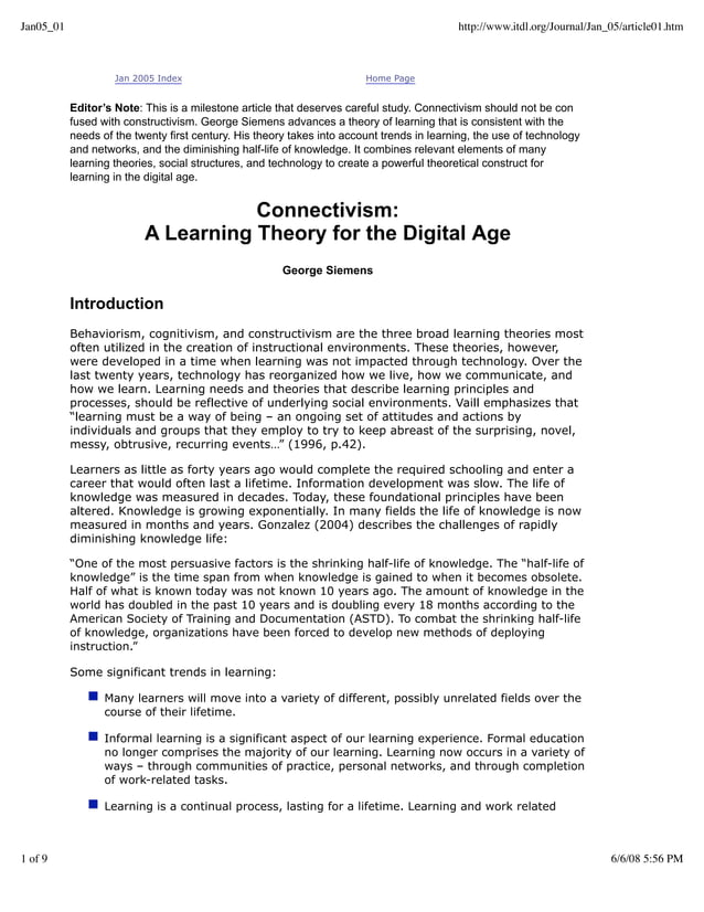 Connectivism: A learning theory for the digital age | PDF | Education