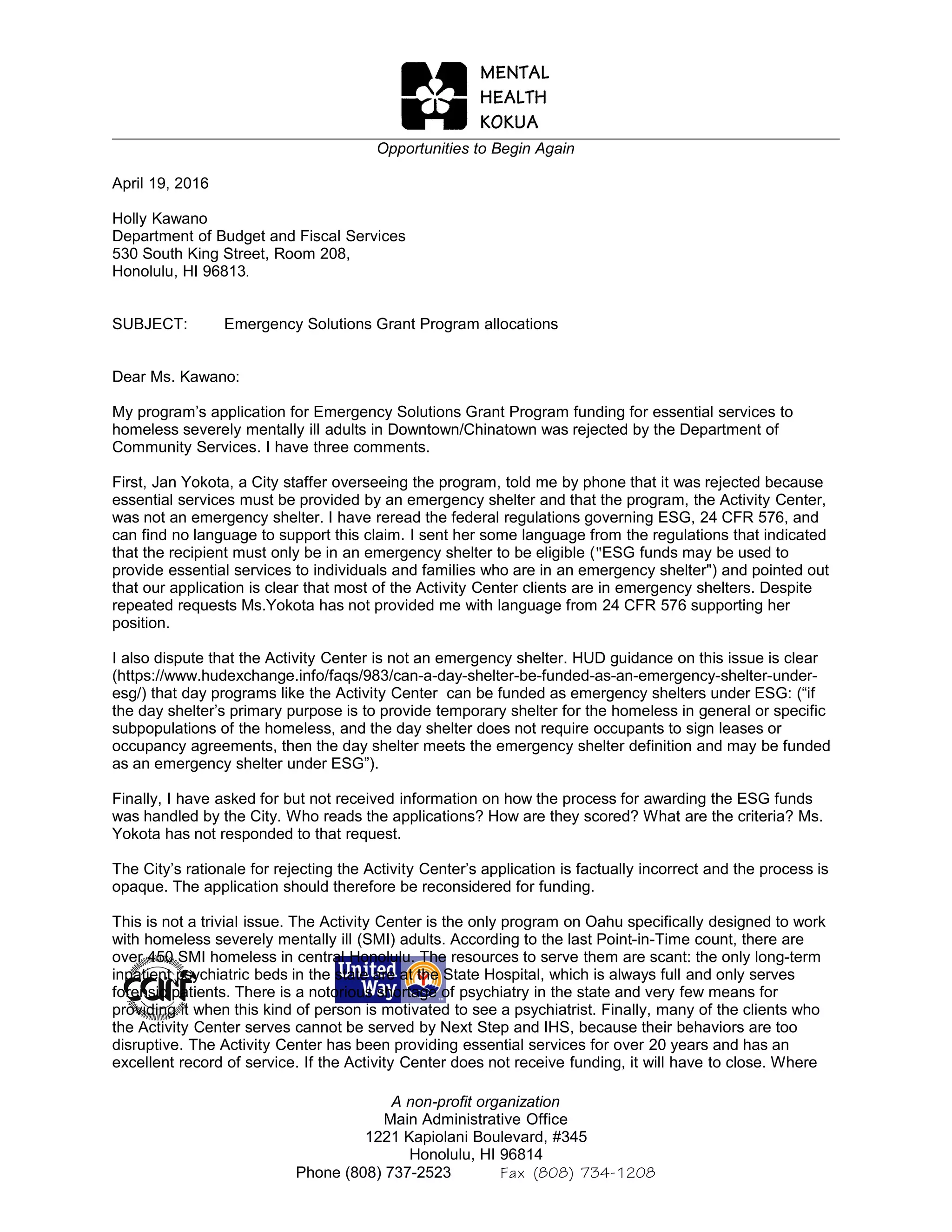 Letter to DCS from Mental Health Kokua | DOC