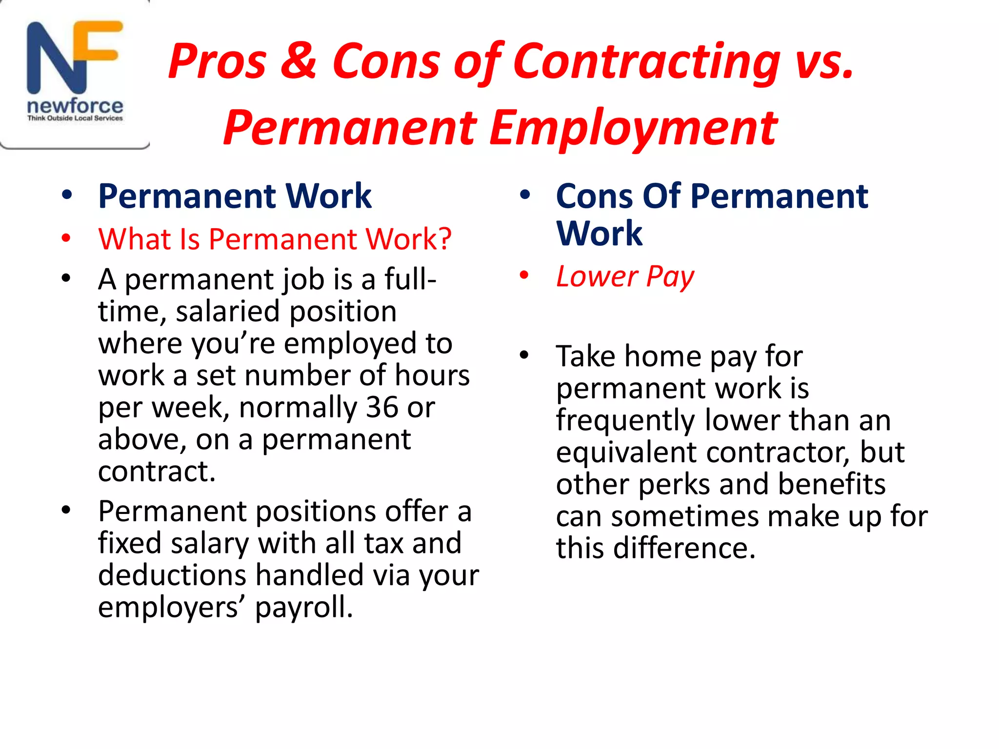 Pros & Cons of Contracting vs. Permanent Employment | PDF
