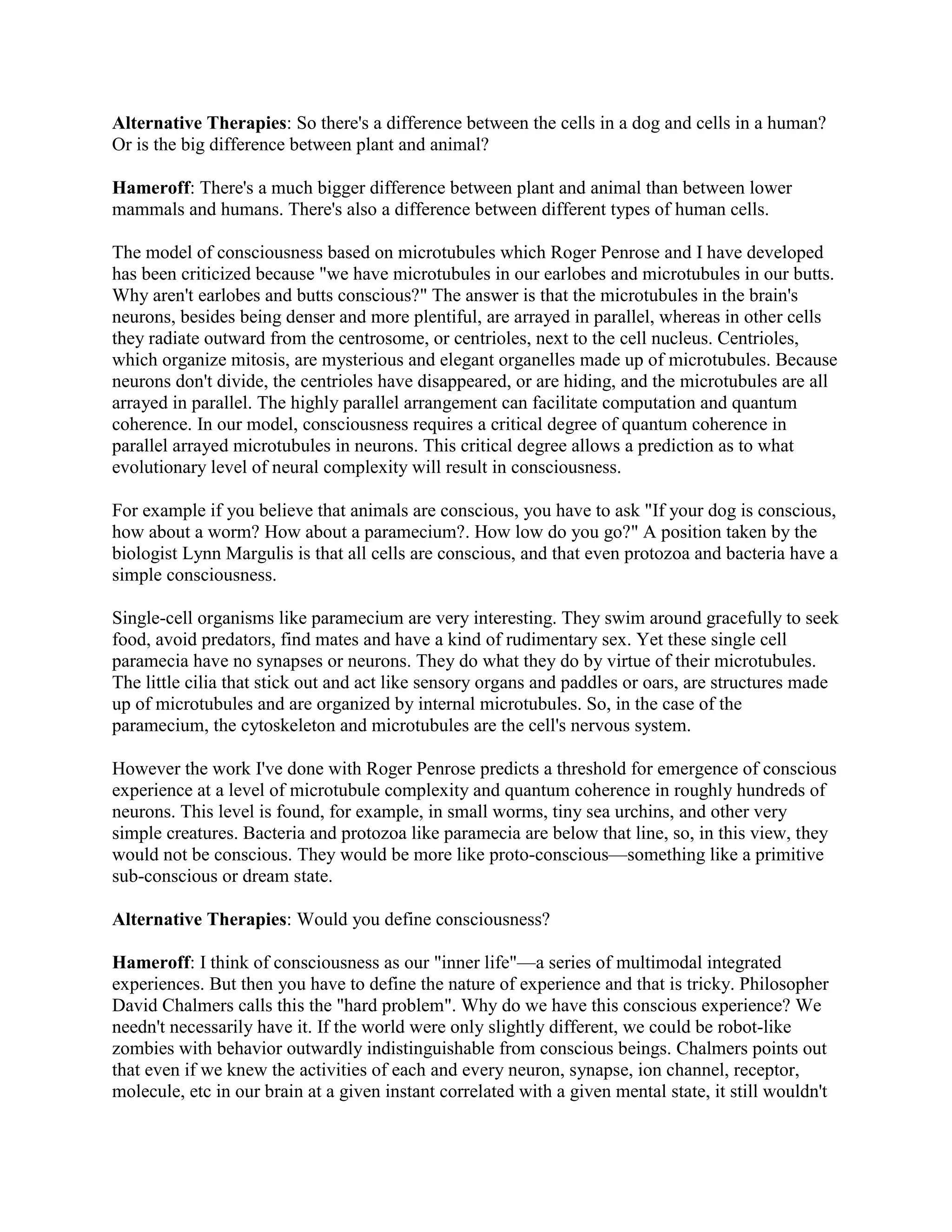 Consciousness, microtubules and the quantum world | PDF