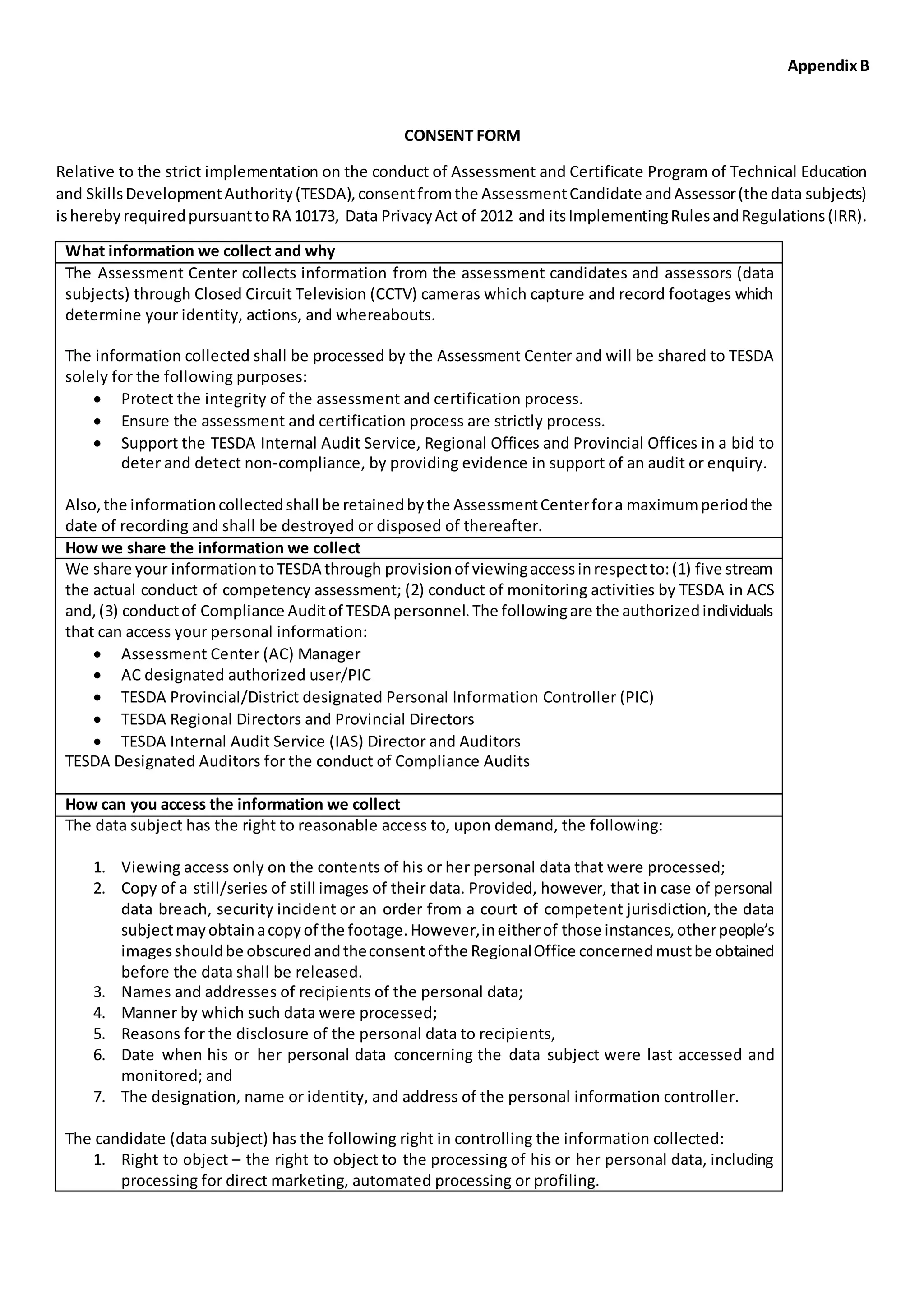 Consent form for TESDA | DOCX