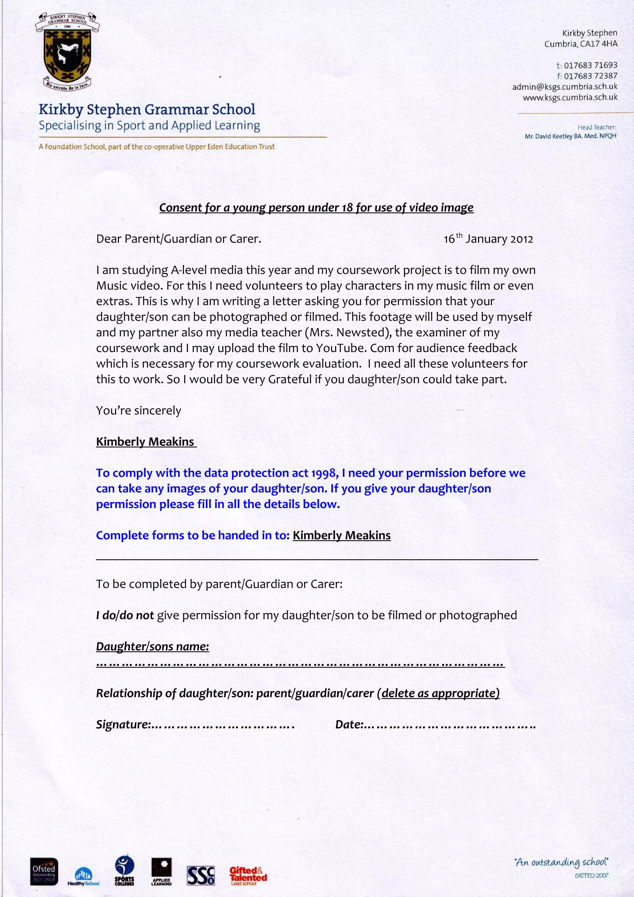 Consent for a young person under 18 for use of video image | DOC