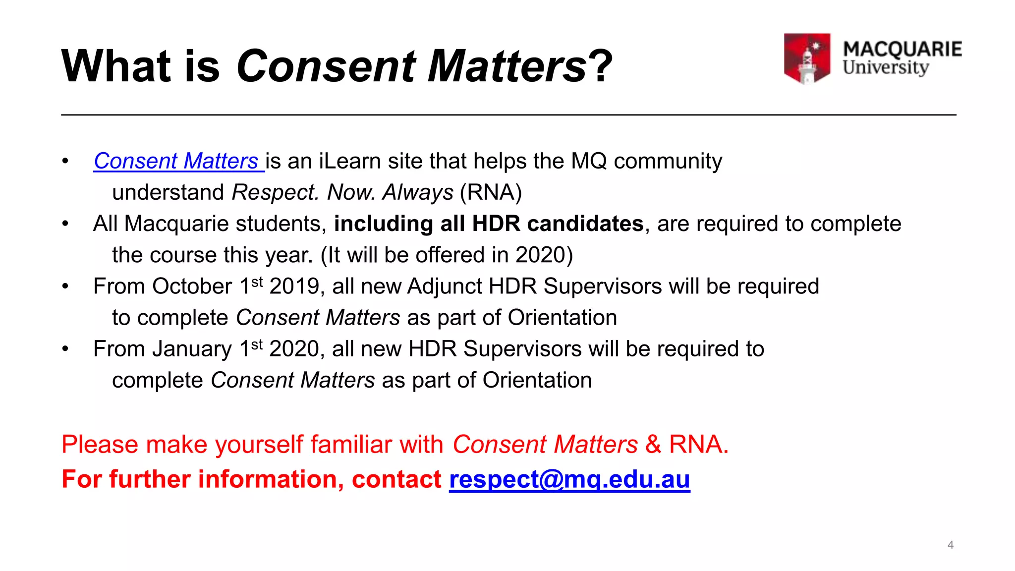 Consent matters and HDR Supervisors at MQ | PPT