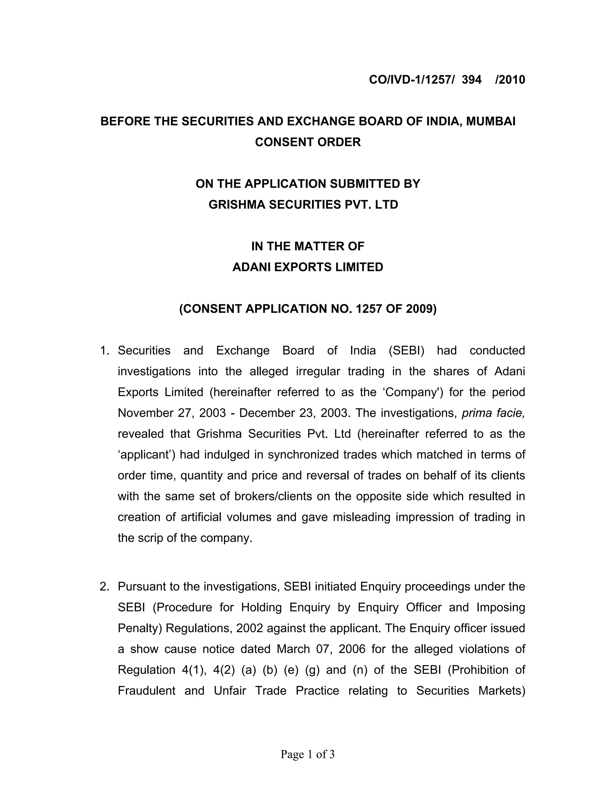 Consent order in respect of Grishma Securities Ltd in the case of Adani ...
