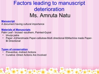 Conservation and preservation of archival materials and manuscripts 1 | PPT