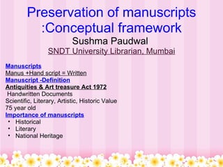 Conservation and preservation of archival materials and manuscripts 1 | PPT