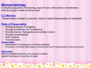 Conservation and preservation of archival materials and manuscripts 1 | PPT