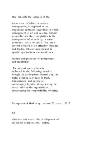 CONSIDERATIONS ON MANAGERIAL ETHICS IN SPORTS ORGANIZATIONS | DOCX ...