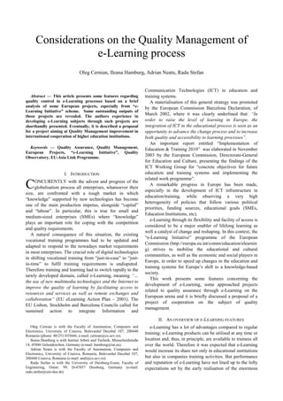 Considerations on the Quality Management of e-Learning Process | PDF