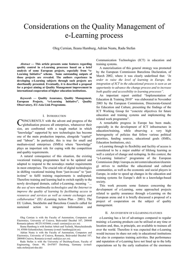 Considerations on the Quality Management of e-Learning Process | PDF