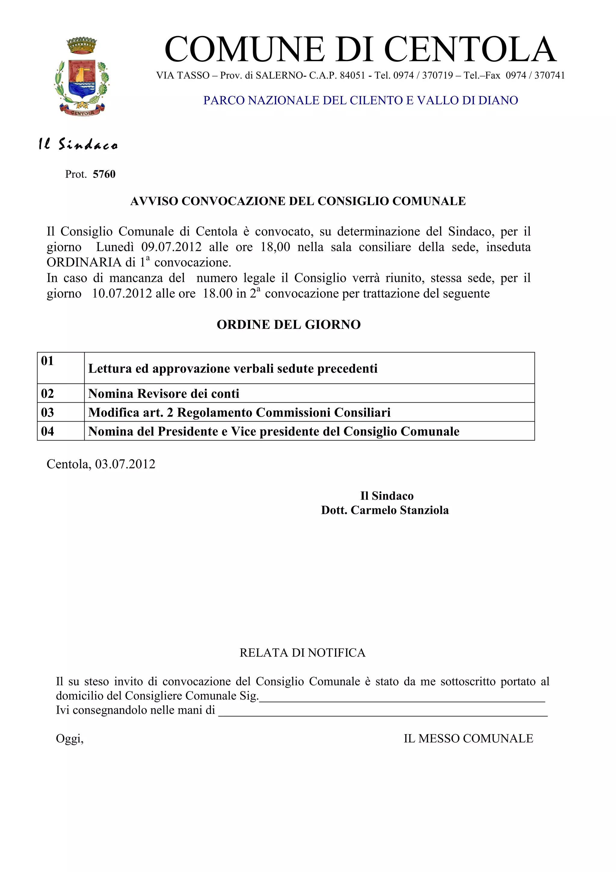 Consiglio Comunale Centola del 9 luglio - Ordine del giorno. | PDF