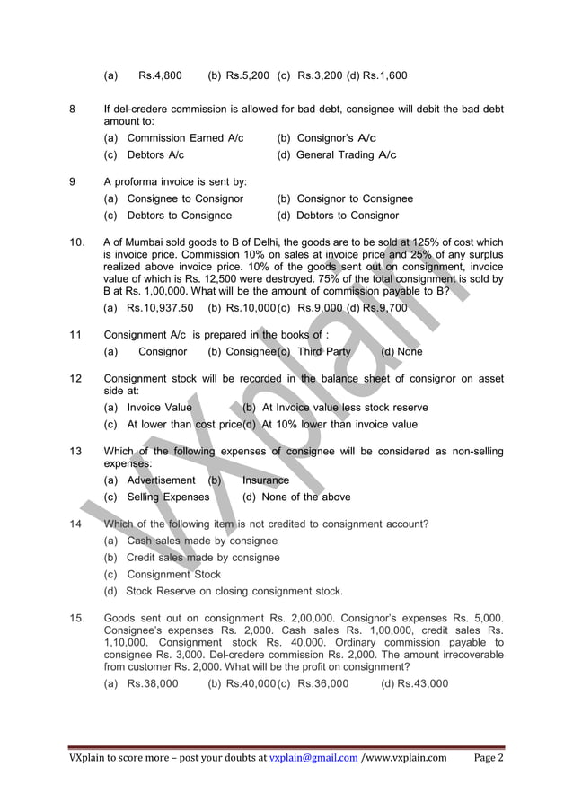 CA-CPT Accounts Consignment Imp MCQs | PDF