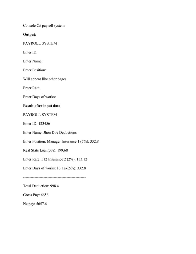 Console C# payroll system Output-.pdf | Business Accounting & Finance | Business