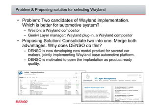 Consolidation of IVI Graphic Subsystems; Weston, a Wayland Compositor, and Genivi Layer ...