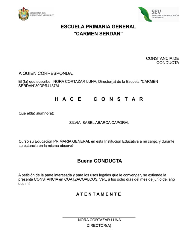 Carta De Conducta Escolar/carta De Buena Conducta