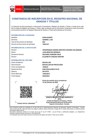Constancia de Inscripción en el Registro Nacional de Grados y Títulos ...