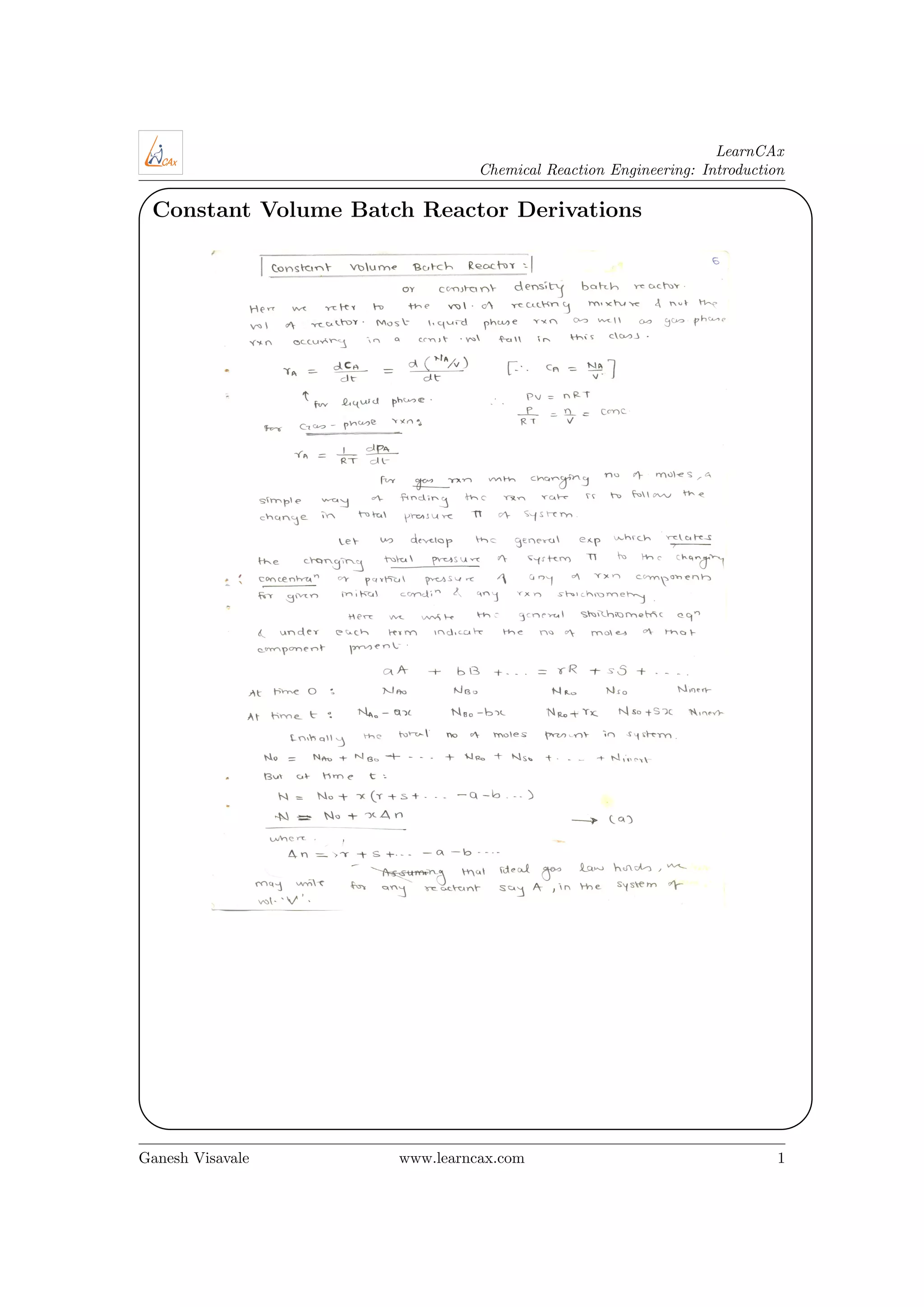 Constant Volume Batch Reactor | PDF