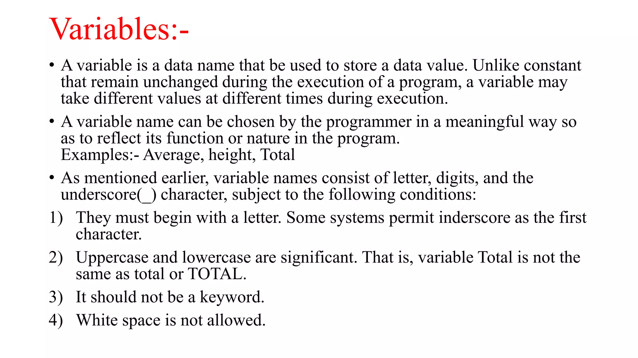 Constant, variables, data types | PPTX | Programming Languages | Computing