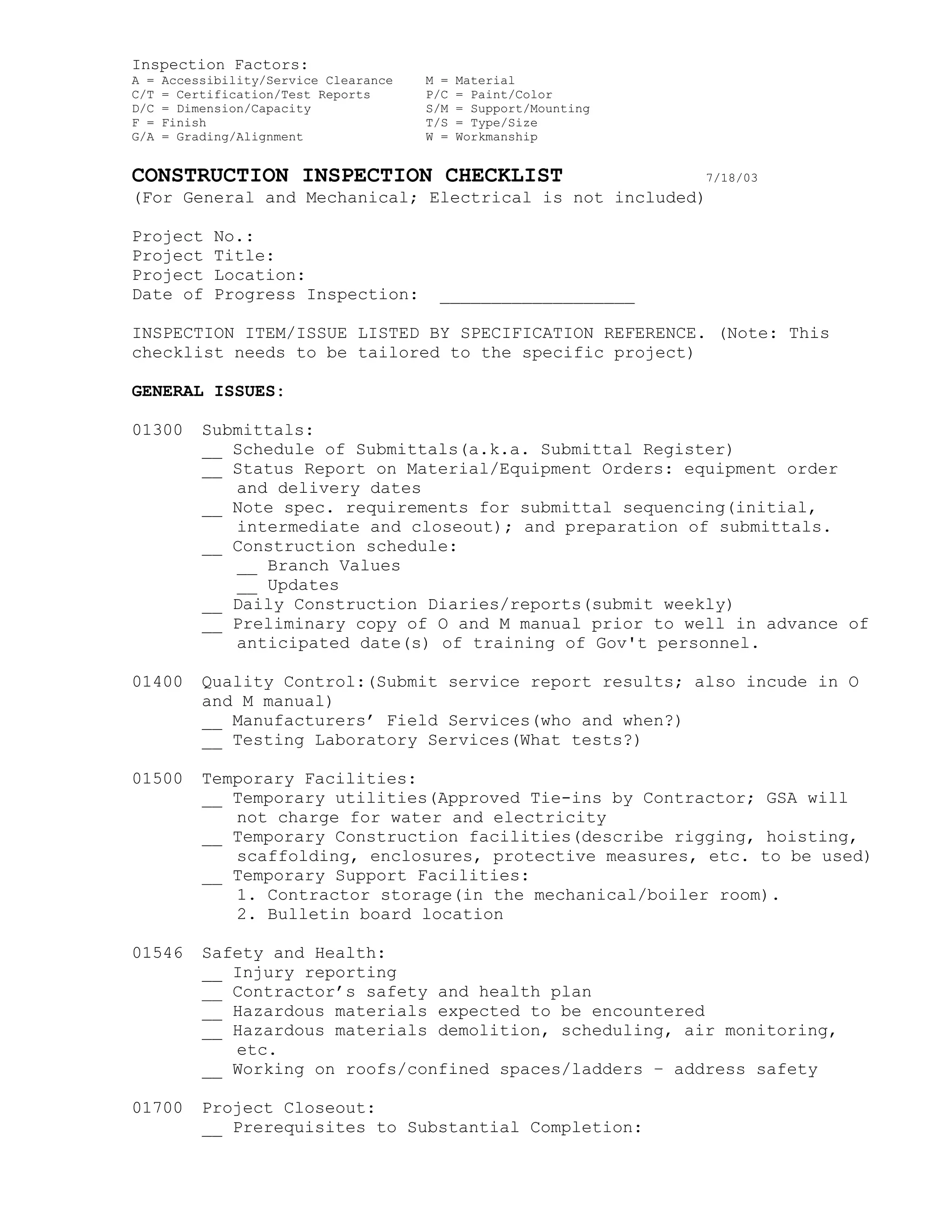 Const insp chklist | PDF