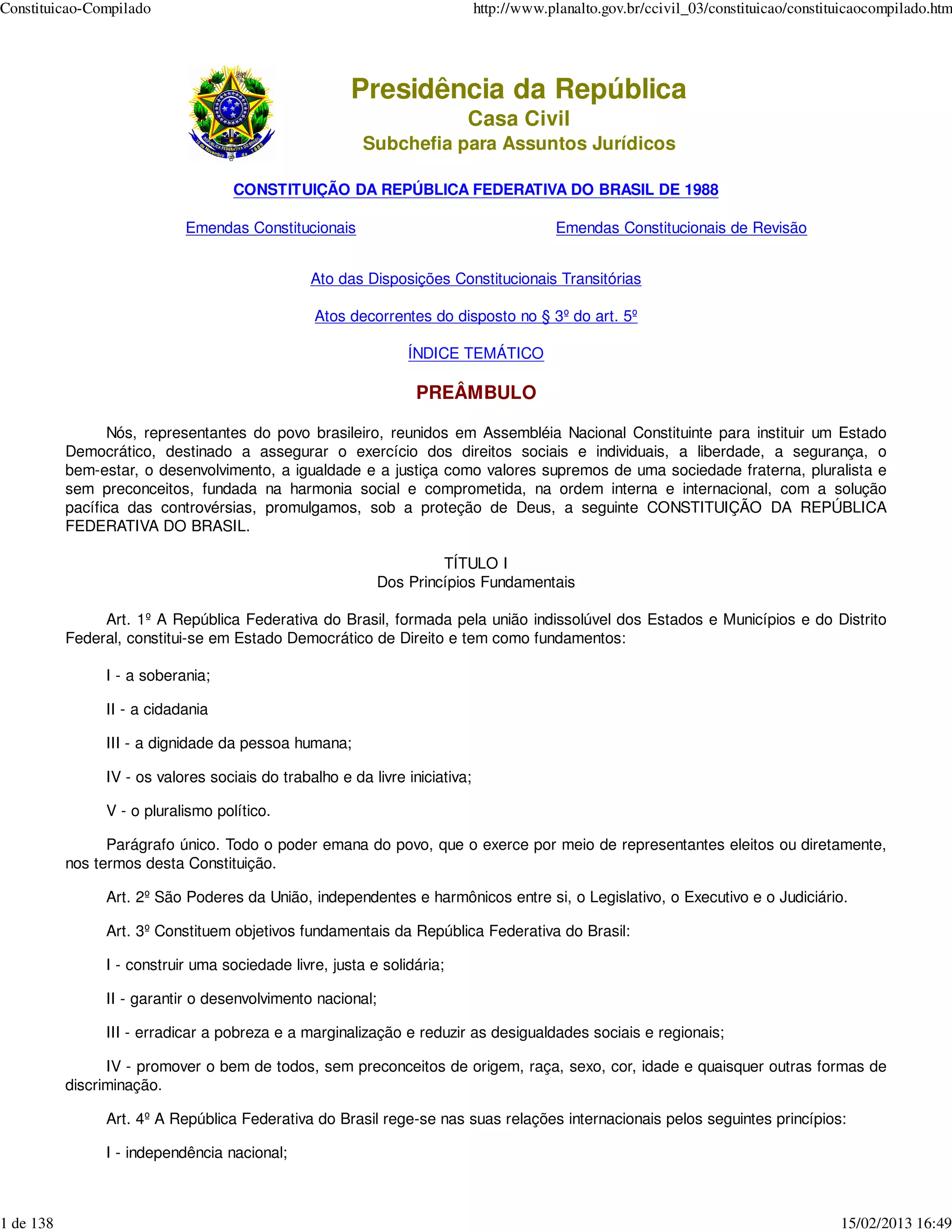 CONSTITUIÇÃO DA REPÚBLICA FEDERATIVA DO BRASIL DE 1988 | PDF