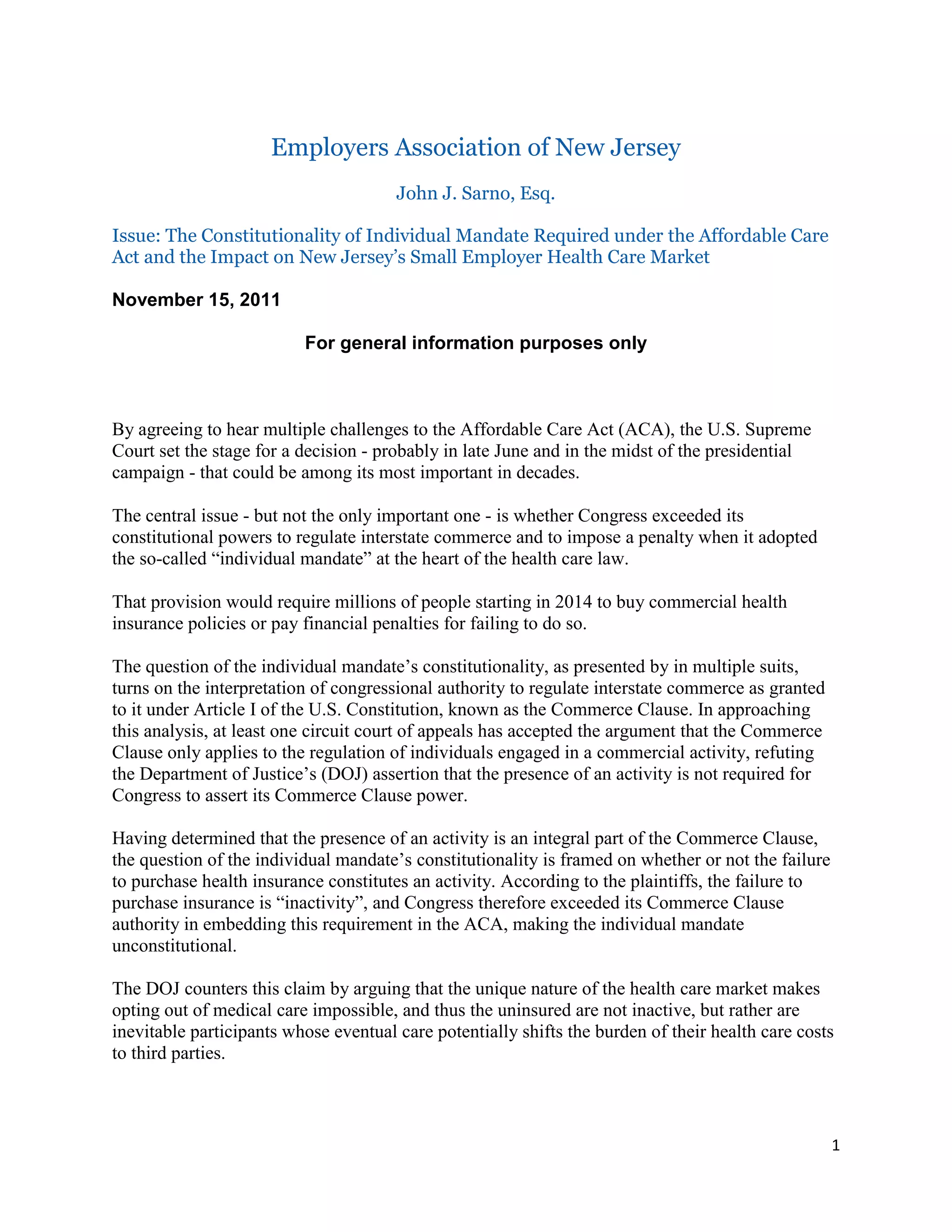 The Constitutionality of Individual Mandate Required under the ...