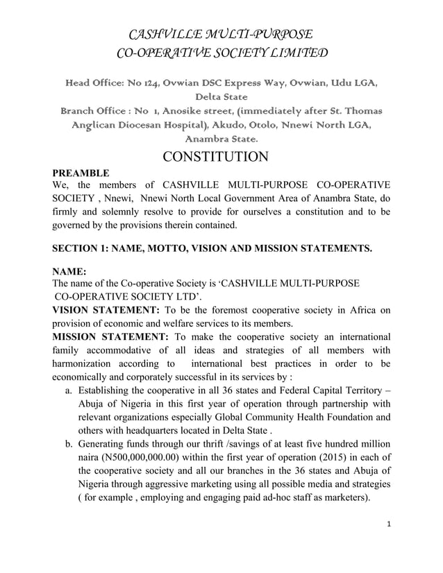 Constitution of cashville multi purpose cooperative society limited ...