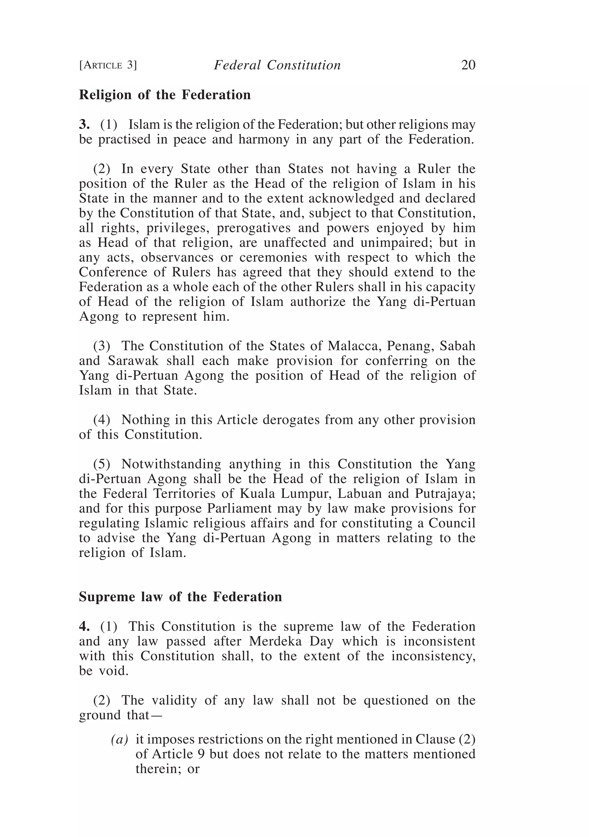 Full Text of the Constitution of Malaysia (2010 Reprint) | PDF